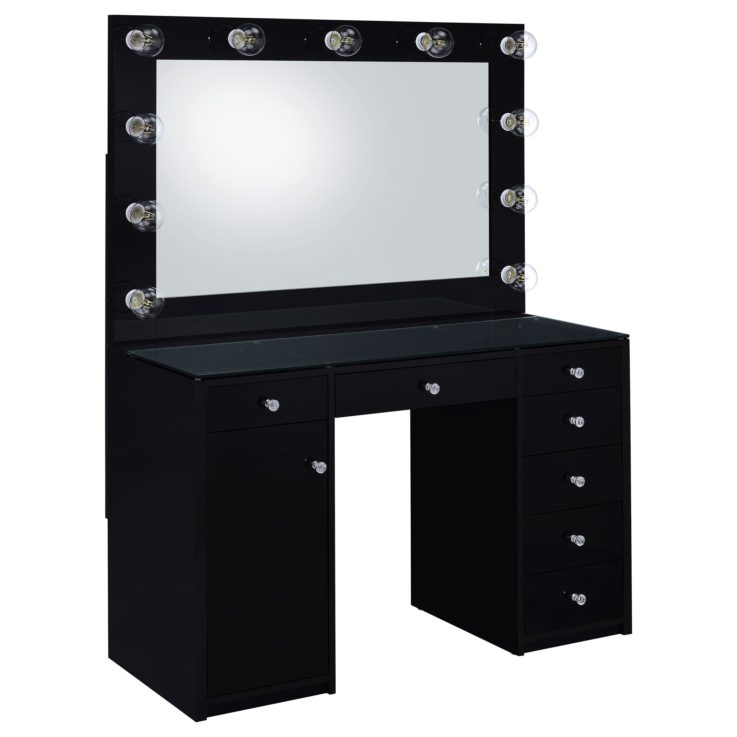 Midnight Hollywood High Gloss Vanity Desk with Lighted Mirror & 7 Draw ...